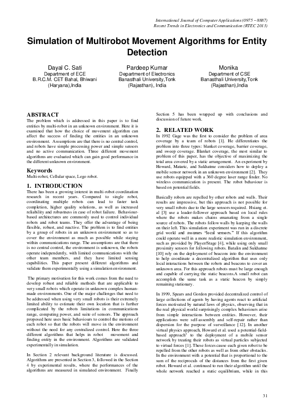 (PDF) Simulation of Multirobot Movement Algorithms for Entity Detection