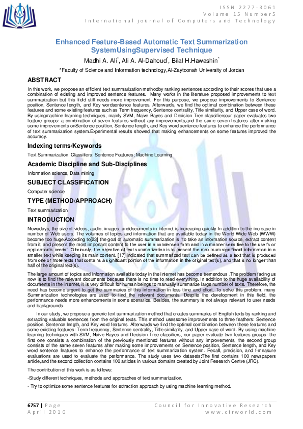 (PDF) Enhanced Feature-Based Automatic Text Summarization SystemUsingSupervised Technique ...