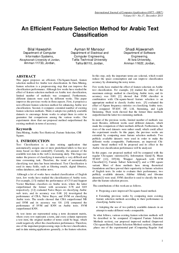 Pdf An Efficient Feature Selection Method For Arabic Text Classification