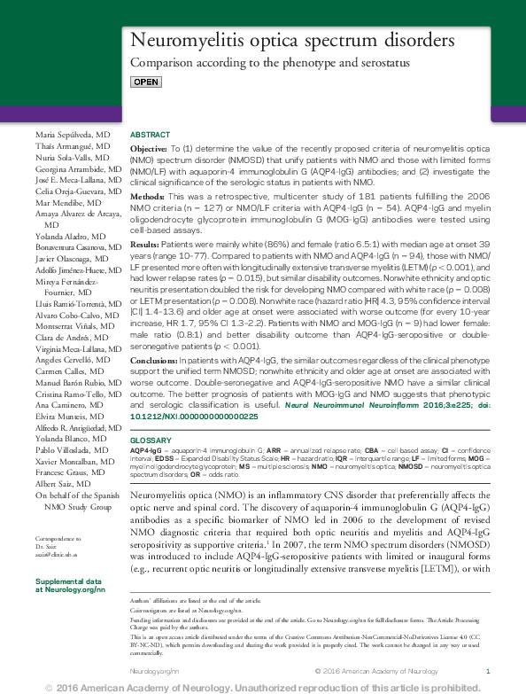 (PDF) Neuromyelitis optica spectrum disorders: Comparison according to the phenotype and serostatus