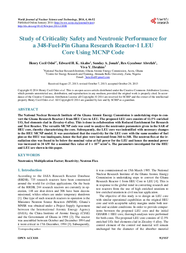 (PDF) Study of Criticality Safety and Neutronic Performance for a 348-Fuel-Pin Ghana Research ...