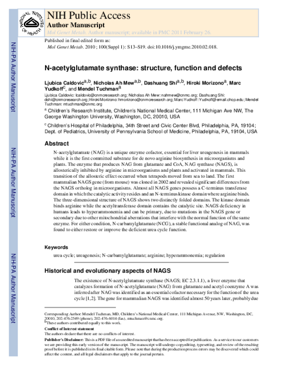 (PDF) N-acetylglutamate synthase: structure, function and defects
