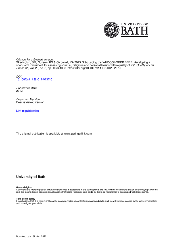 (PDF) Introducing the WHOQOL-SRPB BREF: developing a short-form ...