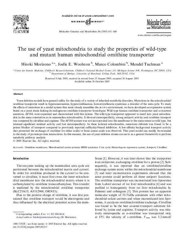 (PDF) The use of yeast mitochondria to study the properties of wild ...