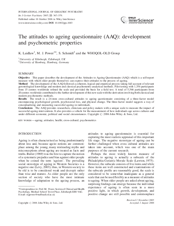 (PDF) The attitudes to ageing questionnaire (AAQ): development and ...