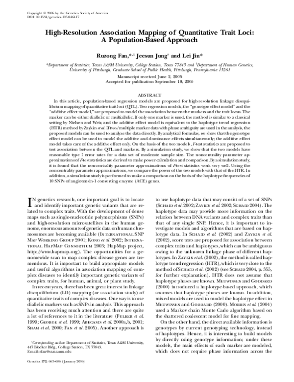 (PDF) High-Resolution Association Mapping of Quantitative Trait Loci: A Population-Based Approach