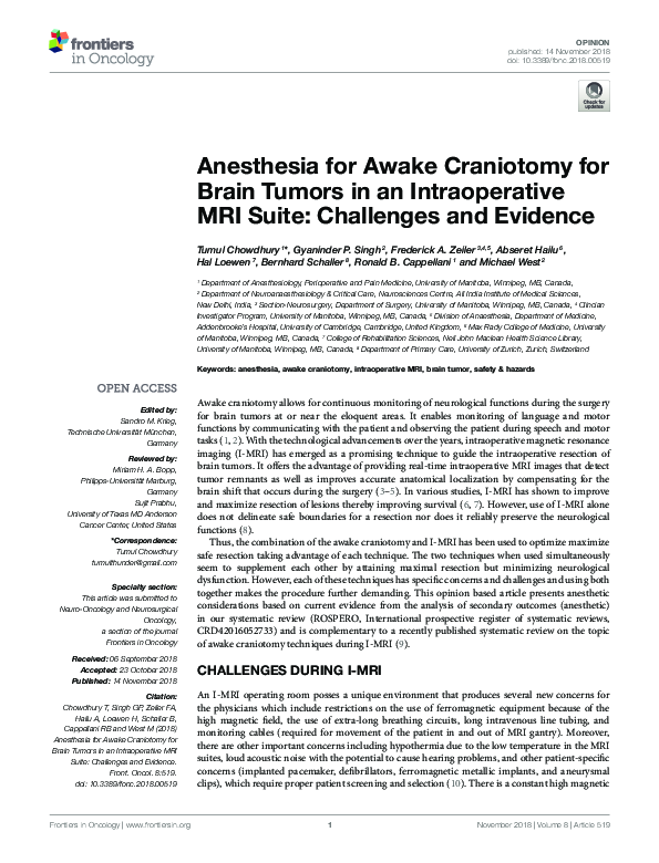 (PDF) Anesthesia for Awake Craniotomy for Brain Tumors in an Intraoperative MRI Suite ...