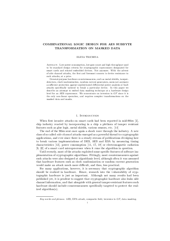 Pdf Combinational Logic Design For Aes Subbyte Transformation On