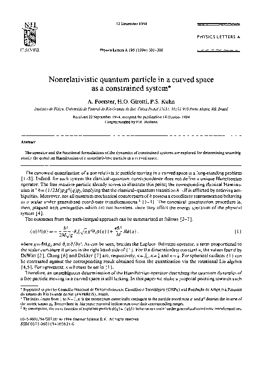 (PDF) Nonrelativistic quantum particle in a curved space as a constrained system