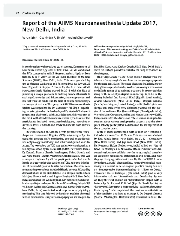 (PDF) Report of the AIIMS Neuroanaesthesia Update 2017, New Delhi, India