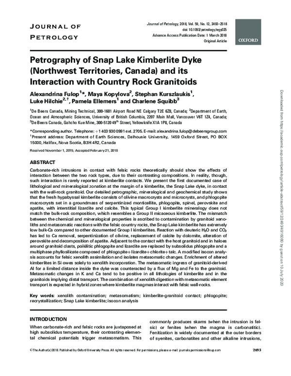 (PDF) Petrography of Snap Lake Kimberlite Dyke (Northwest Territories ...