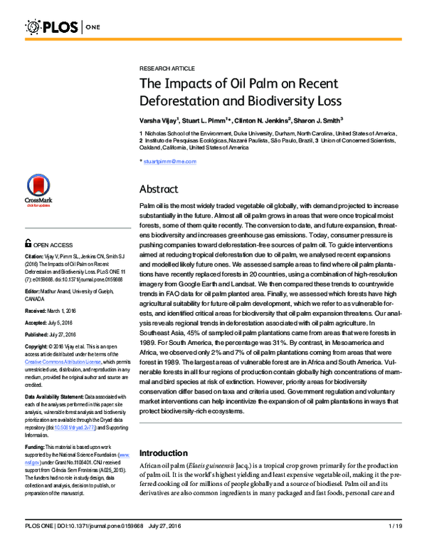 (PDF) The Impacts of Oil Palm on Recent Deforestation and Biodiversity Loss