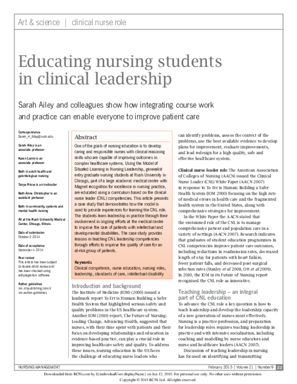(PDF) Educating nursing students in clinical leadership