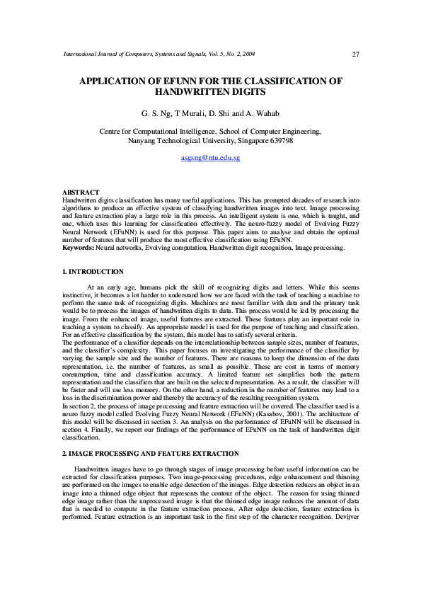 (PDF) Application of EFuNN for the classification of handwritten digits