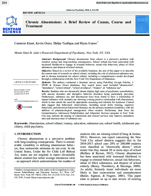 (PDF) Chronic Absenteeism: A Brief Review of Causes, Course and Treatment