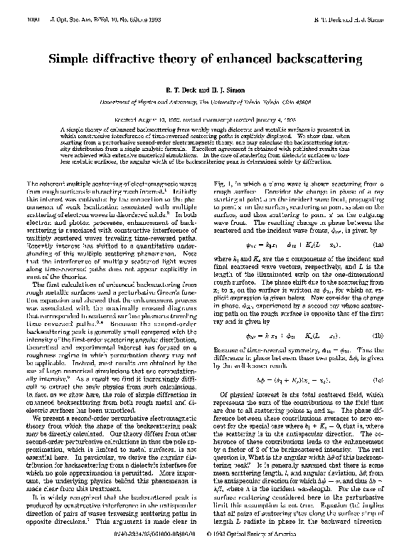 (PDF) Simple diffractive theory of enhanced backscattering
