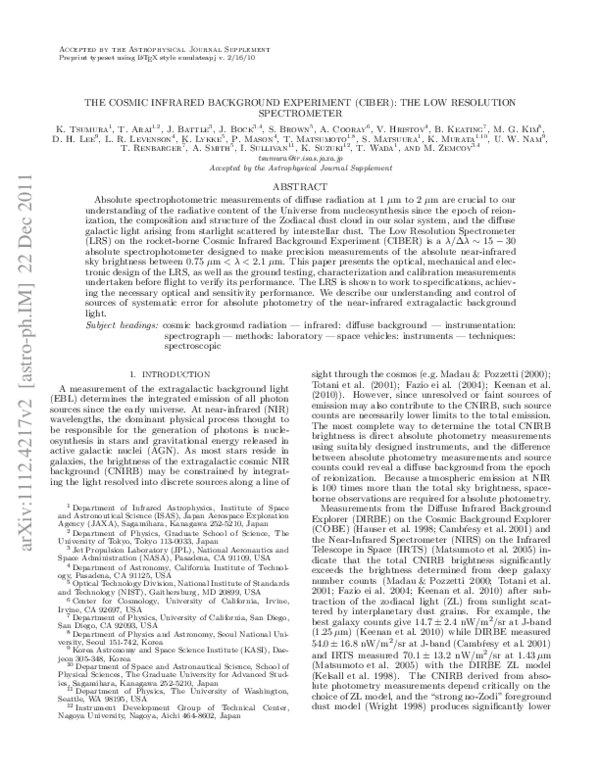 (PDF) The Cosmic Infrared Background Experiment ( Ciber ): The Low ...
