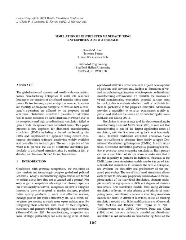 Pdf Distributed Simulation In Manufacturing Simulation Of Distributed Manufacturing
