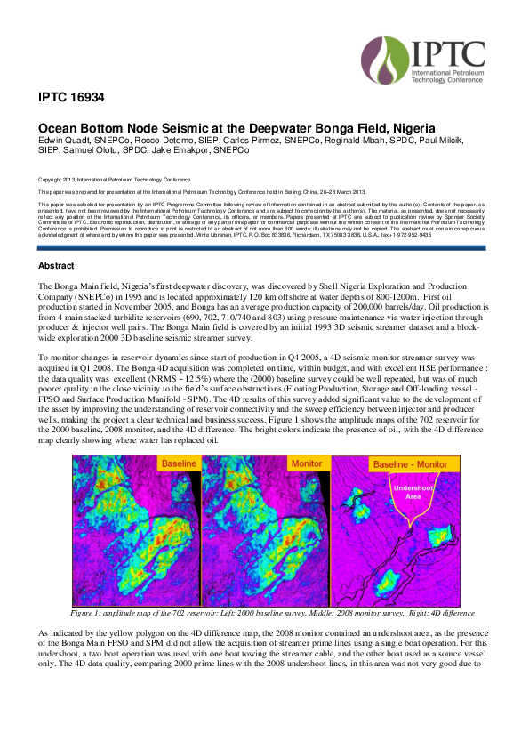 (PDF) Ocean Bottom Node Seismic at the Deepwater Bonga Field, Nigeria