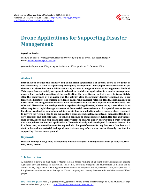 (PDF) Drone Applications for Supporting Disaster Management