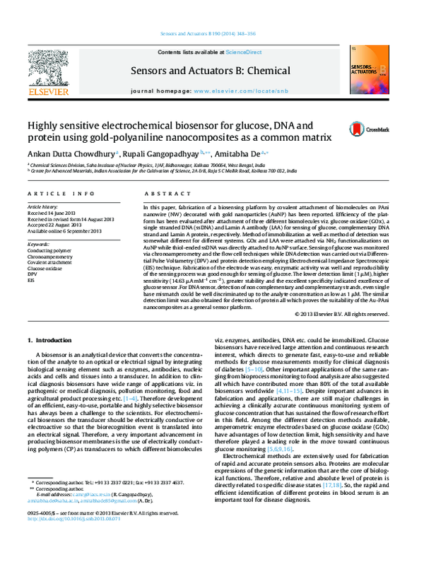 (PDF) Highly sensitive electrochemical biosensor for glucose, DNA and ...