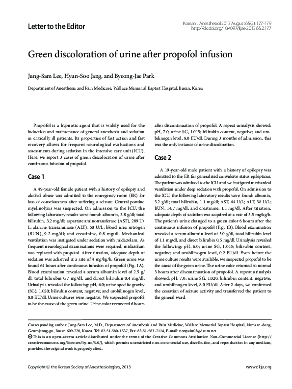 (PDF) Green discoloration of urine after propofol infusion
