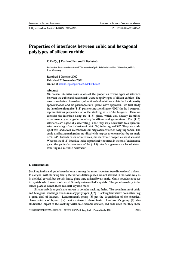 (PDF) Properties of interfaces between cubic and hexagonal polytypes of silicon carbide