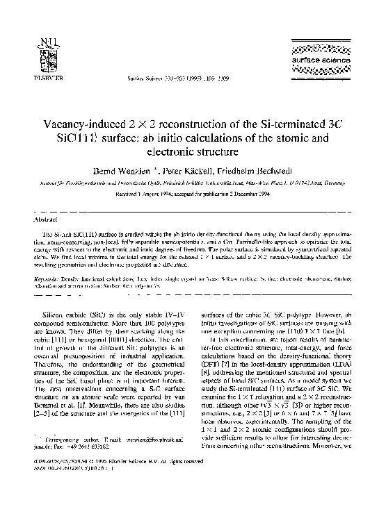 (PDF) Vacancy-induced 2 × 2 reconstruction of the Si-terminated 3C SiC(111) surface: ab initio ...