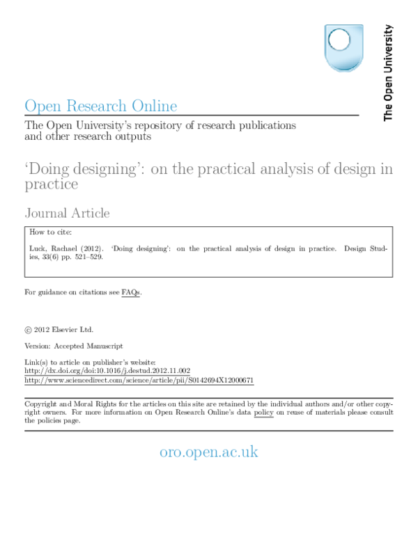 (PDF) ‘Doing designing’: On the practical analysis of design in practice