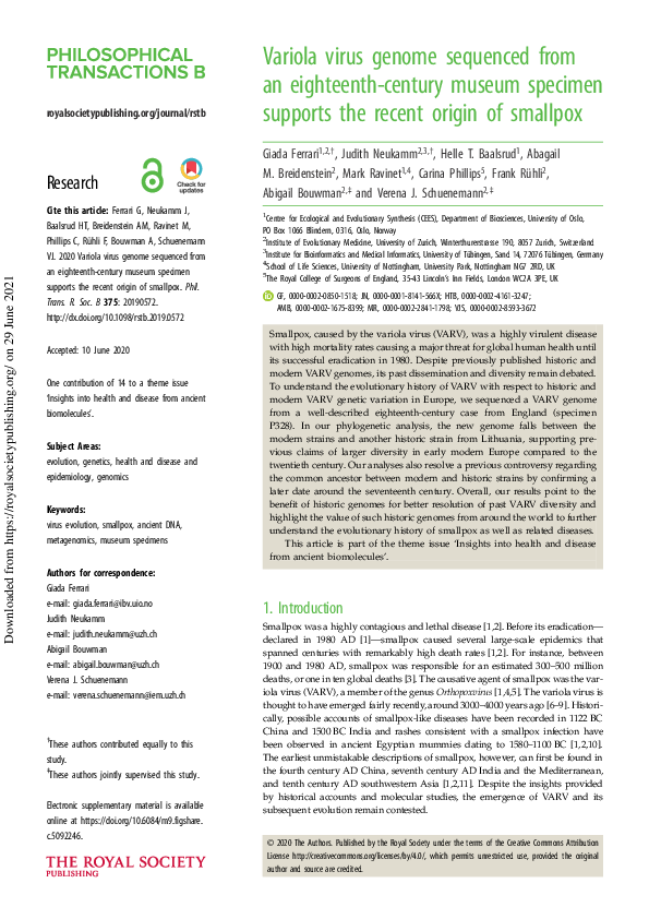(PDF) Variola virus genome sequenced from an eighteenth-century museum specimen supports the ...