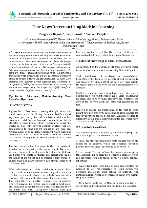 (PDF) IRJET- Fake News Detection Using Machine Learning