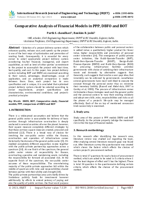(PDF) IRJET- Comparative Analysis of Financial Models in PPP, DBFO and BOT