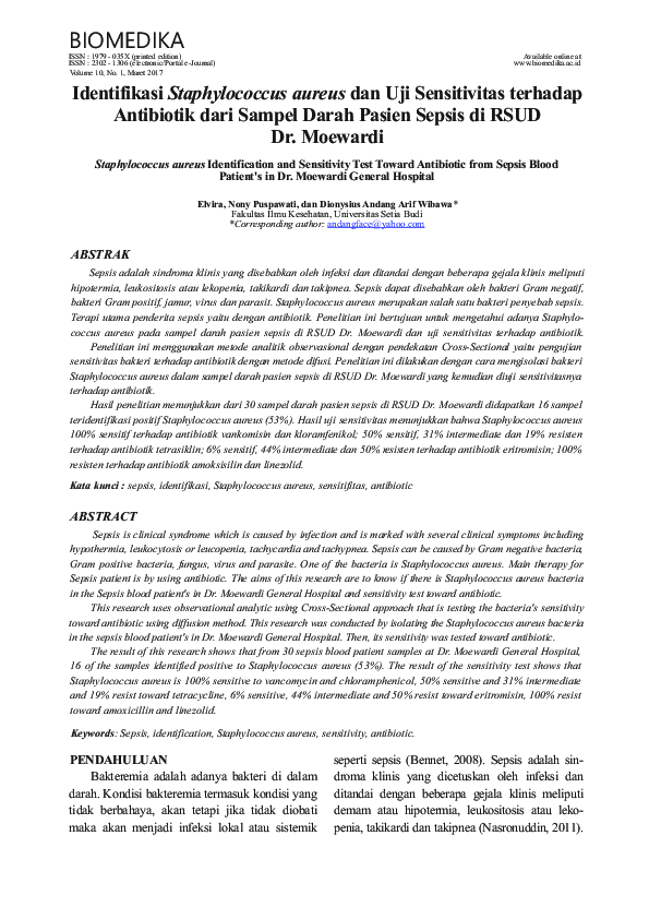 (PDF) Identifikasi Staphylococcus aureus dan Uji Sensitivitas terhadap ...