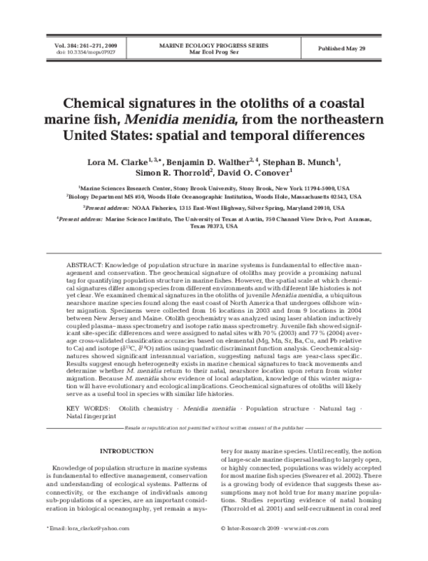 (PDF) Chemical signatures in the otoliths of a coastal marine fish, Menidia menidia, from the ...