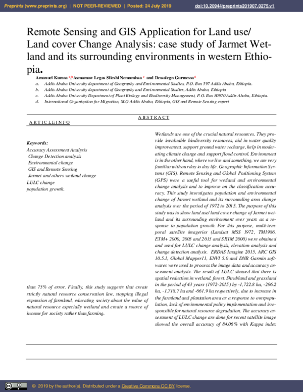 (PDF) Remote Sensing and GIS Application for Land use/ Land cover Change Analysis: Case Study of ...