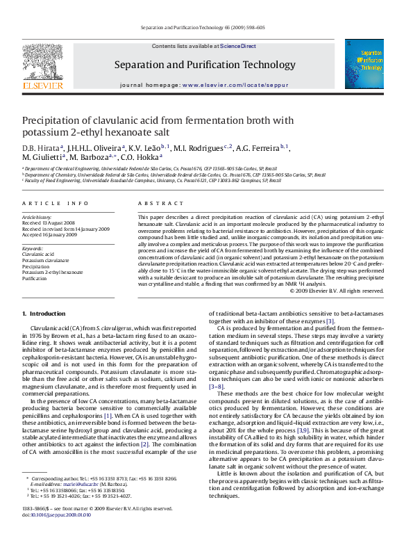 (PDF) Precipitation of clavulanic acid from fermentation broth with ...