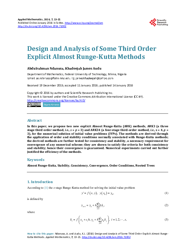 (PDF) Design and Analysis of Some Third Order Explicit Almost Runge-Kutta Methods