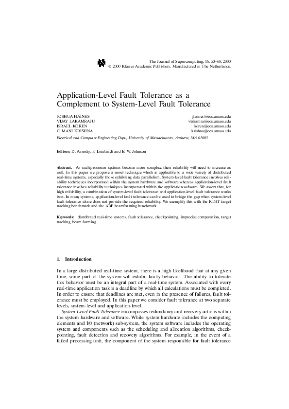 Pdf Application Level Fault Tolerance As A Complement To System Level Fault Tolerance