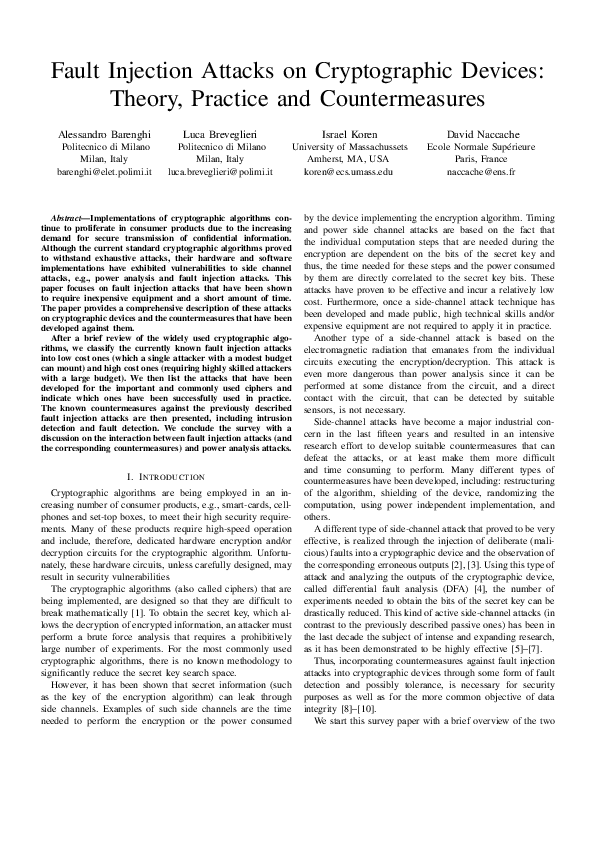 (PDF) Fault Injection Attacks on Cryptographic Devices: Theory, Practice, and Countermeasures