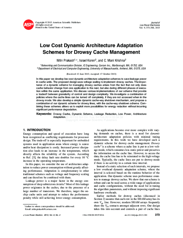 (PDF) Low Cost Dynamic Architecture Adaptation Schemes for Drowsy Cache Management