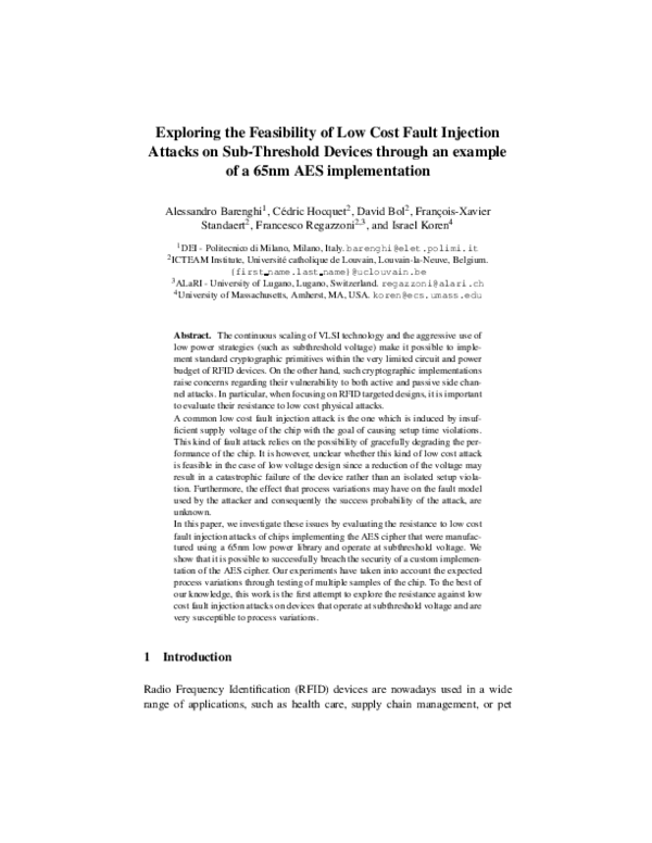 Pdf Exploring The Feasibility Of Low Cost Fault Injection Attacks On Sub Threshold Devices