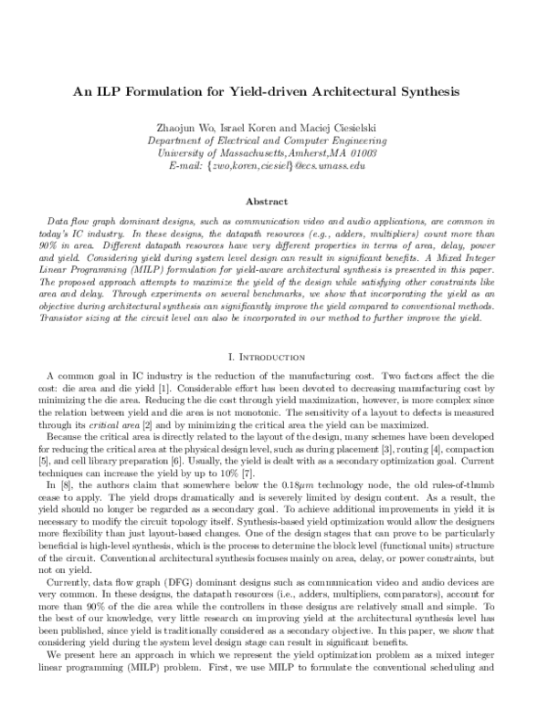(PDF) An ILP formulation for yield-driven architectural synthesis (PDF) An ILP formulation for yield-driven architectural synthesis