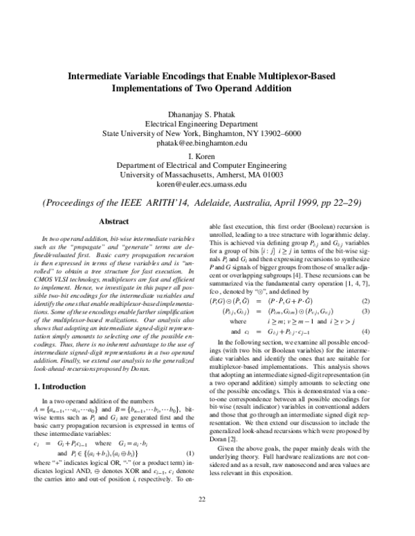 Pdf Intermediate Variable Encodings That Enable Multiplexor Based Implementations Of Two 