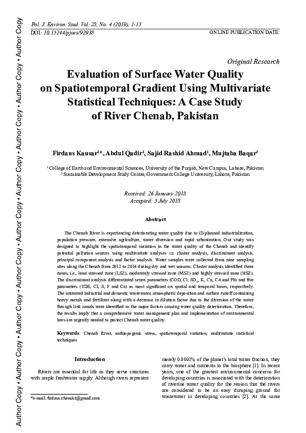 Pdf Evaluation Of Surface Water Quality On Spatiotemporal Gradient Using Multivariate