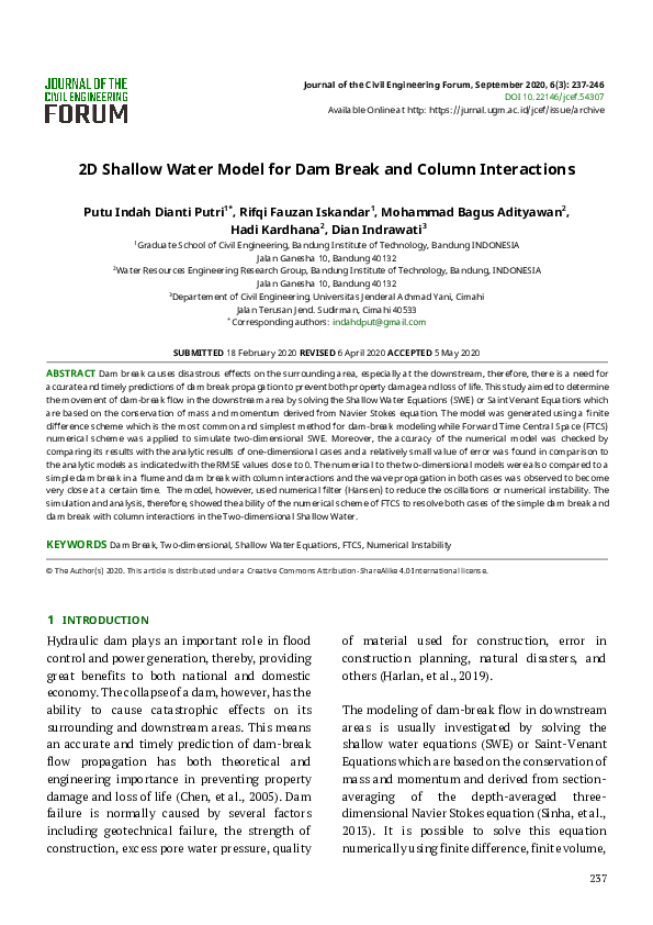 (PDF) 2D Shallow Water Model for Dam Break and Column Interactions