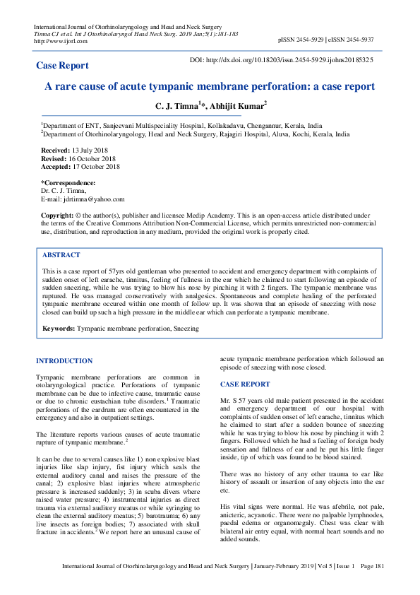 (PDF) A rare cause of acute tympanic membrane perforation: a case report