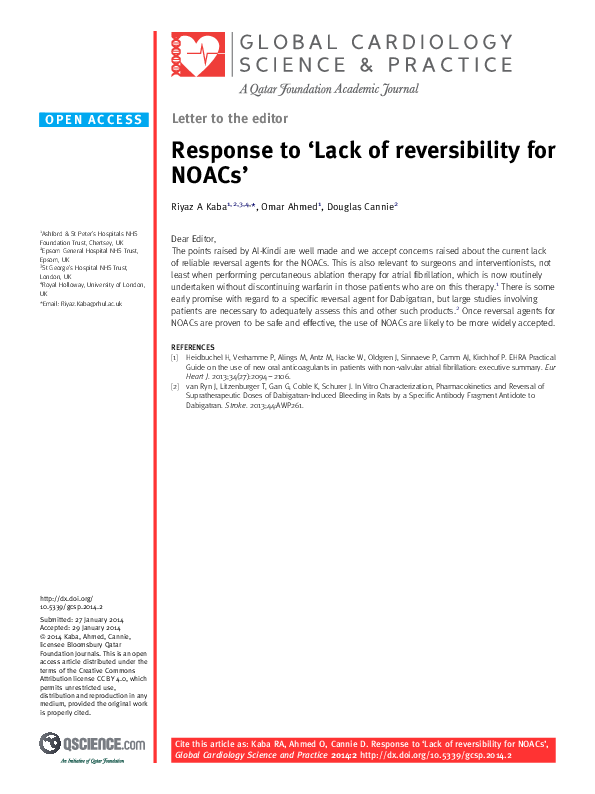 (PDF) Response to 'Lack of reversibility for NOACs