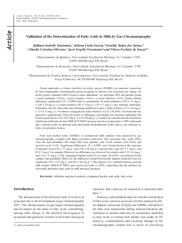 (PDF) Validation of the determination of fatty acids in milk by gas chromatography | Claudio ...