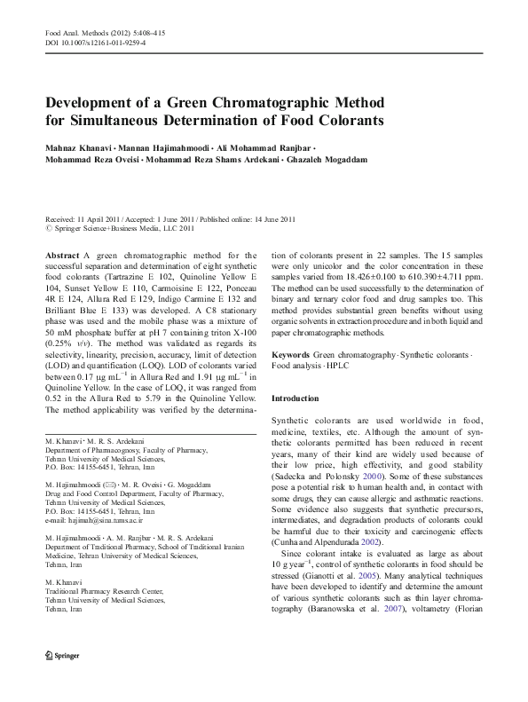 Pdf Development Of A Green Chromatographic Method For Simultaneous Determination Of Food