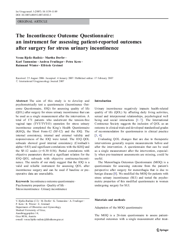 (PDF) The Incontinence Outcome Questionnaire: an instrument for ...